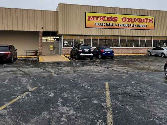 The parking lot on a rainy day, proof that serious bargain hunters don't let a little weather dampen their spirits.