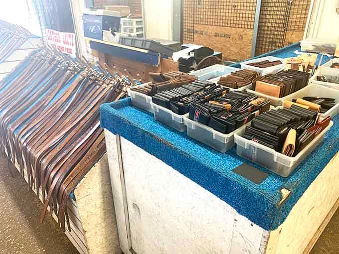 Leather goods and wallets stacked neatly, proving quality craftsmanship still exists at prices that make sense today.