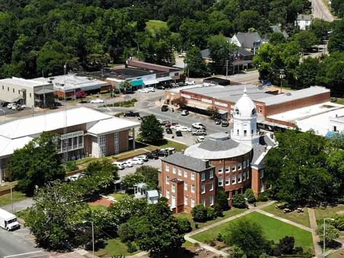 From above, Monroeville reveals its compact charm, with that courthouse standing sentinel over streets that radiate outward like spokes.