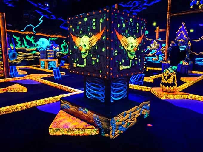 These neon skeletons have seen your putting technique before, and they're not impressed but they're entertained.