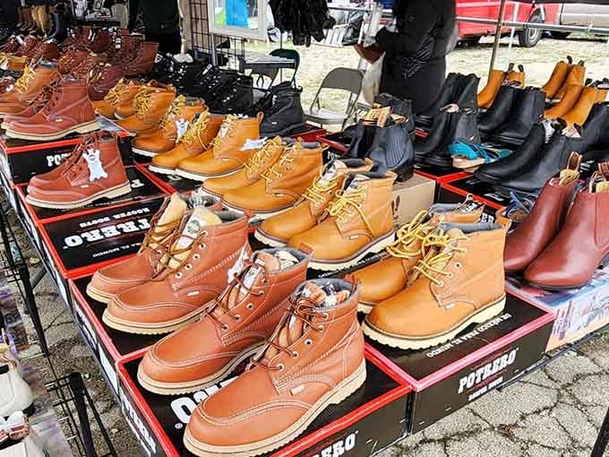 Boot bonanza! These leather beauties stand at attention, ready to march into someone's wardrobe and become a fashion staple.