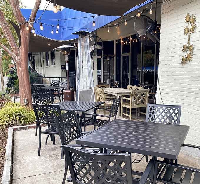 String lights and comfortable patio furniture transform outdoor dining into an experience worth planning your entire day around.