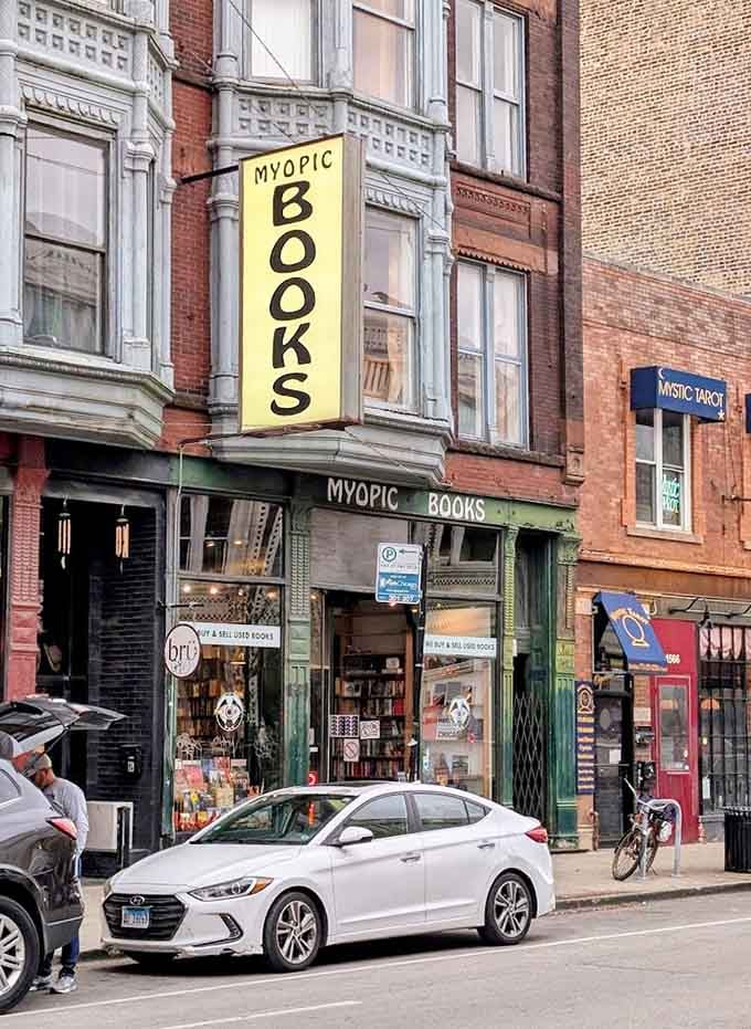 That yellow vertical sign acts like a lighthouse beacon for book lovers navigating Milwaukee Avenue's urban landscape.