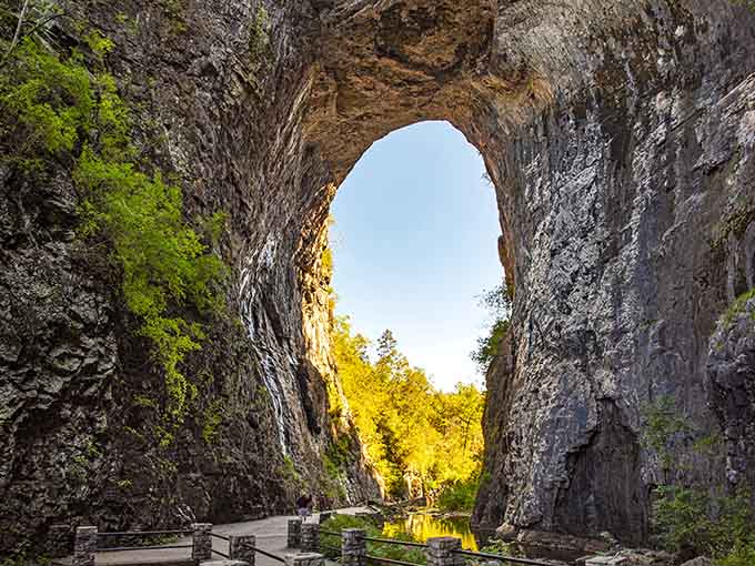 The arch glows golden in perfect light, framing sky and forest in nature's most impressive doorway to wonder.
