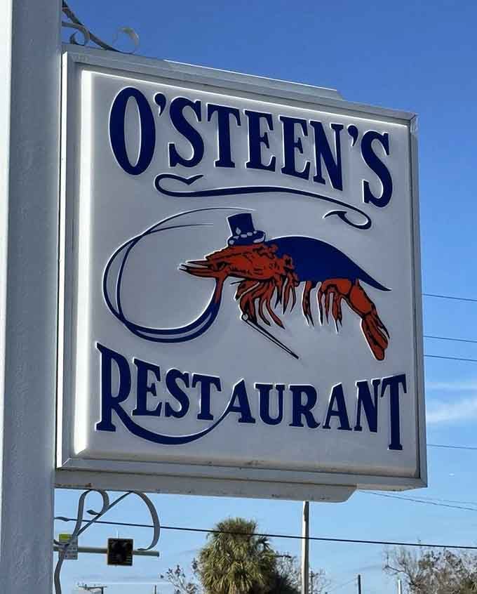 That shrimp in a top hat knows what's up, beckoning hungry travelers to seafood paradise since forever.