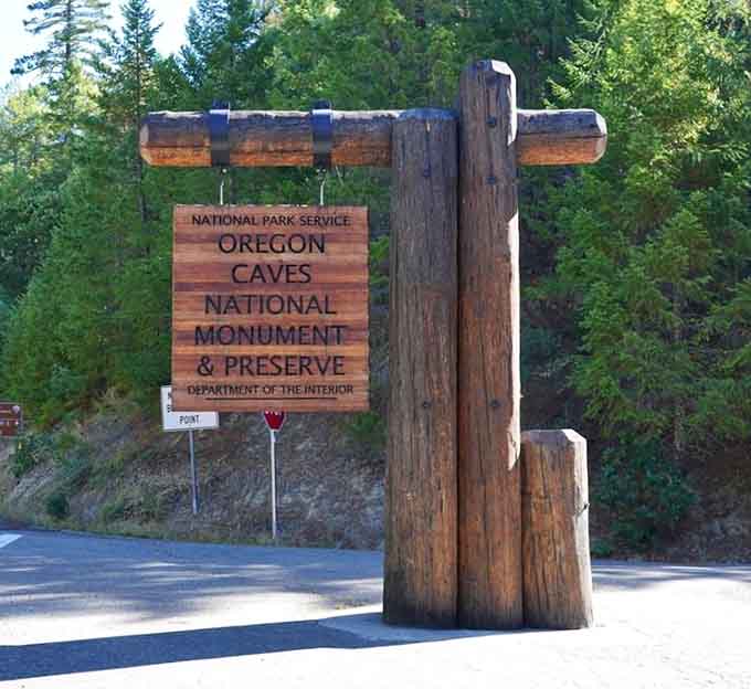 The wooden sign welcomes you to one of Oregon's most spectacular hidden gems, marking the gateway to subterranean wonders.