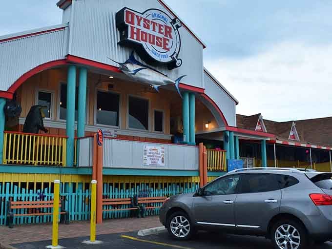 Colorful exterior at twilight promising fresh catches and good times&mdash;basically everything a coastal restaurant should be.