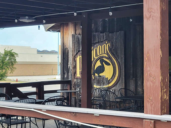 The outdoor patio features the restaurant's iconic pelican logo &ndash; a promise of good things to come for those lucky enough to dine al fresco.