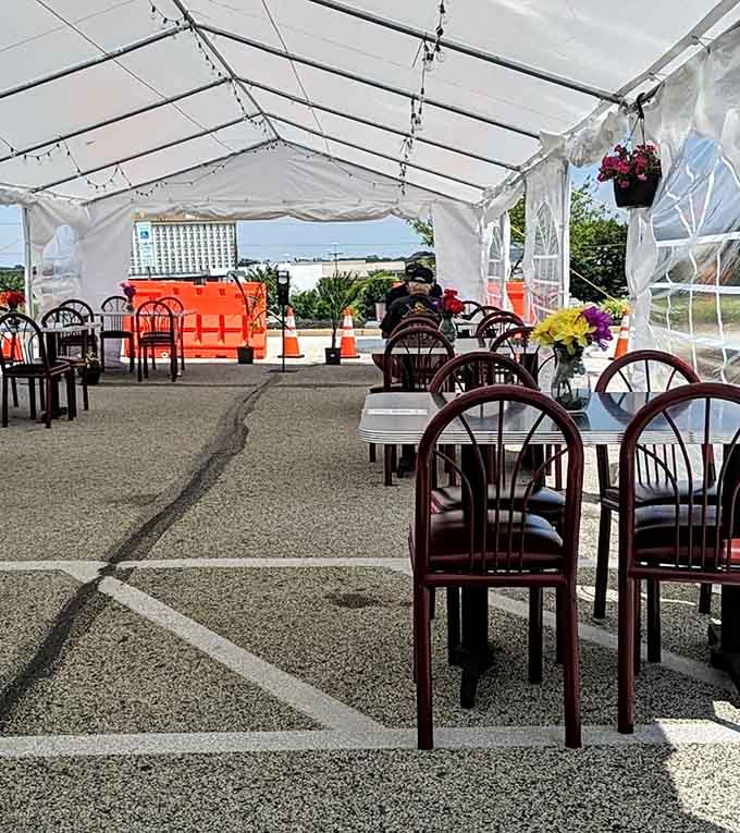Outdoor seating under a tent means you can enjoy your meal al fresco, rain or shine, like civilized people.