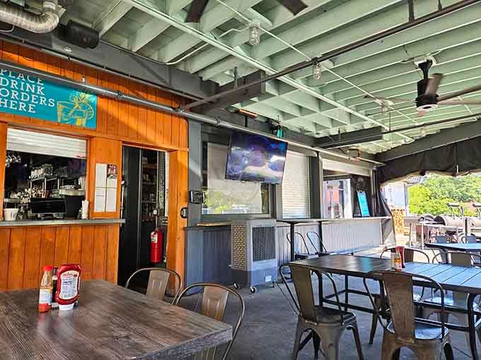 Outdoor seating under umbrellas makes every meal taste even better with fresh Lowcountry air.