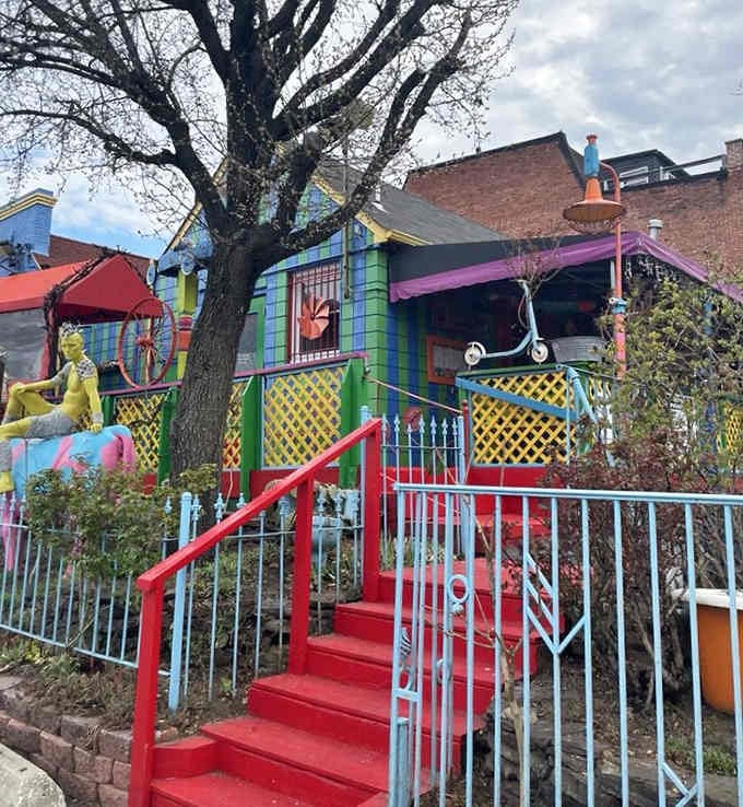 Red stairs leading to a rainbow building means you're definitely not in Kansas anymore, Dorothy would approve.