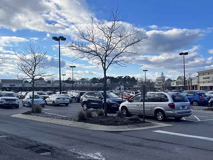 Parking lot panorama where empty trunks arrive with optimism and depart with the satisfying fullness of a successful hunting expedition.