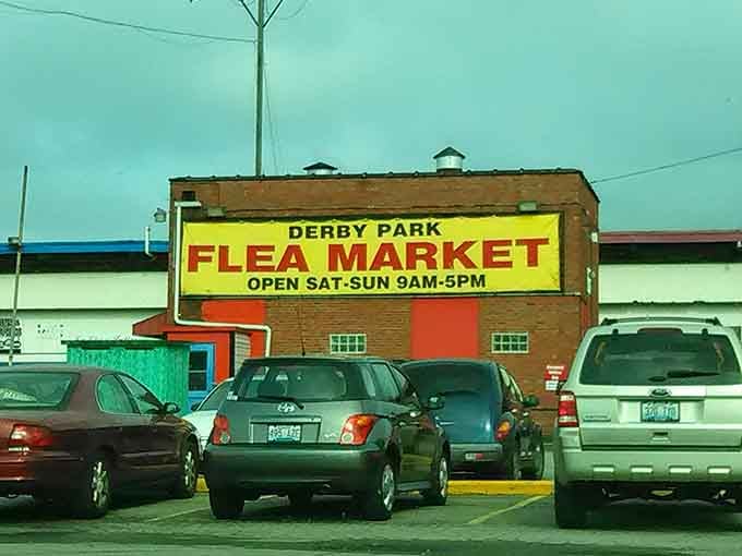 Weekend warriors arrive early, parking lot filling by mid-morning. The yellow sign serves as a beacon for treasure hunters across Louisville.