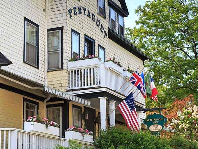 The Pentag&ouml;et Inn's Victorian charm and international flags hint at Castine's cosmopolitan history as a place where worlds and cultures converge.