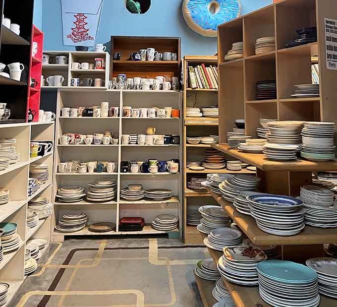 Mugs and dishes fill every available inch of shelving, offering enough options to make your morning coffee feel like a special occasion.