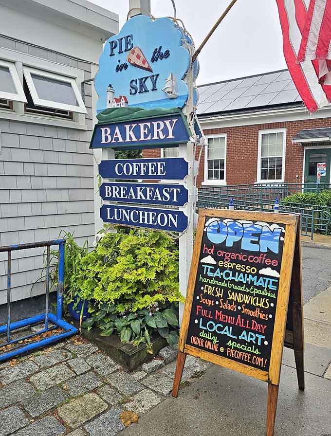 The sidewalk sign promises hot organic coffee and fresh sandwiches—two things that make any day infinitely better.