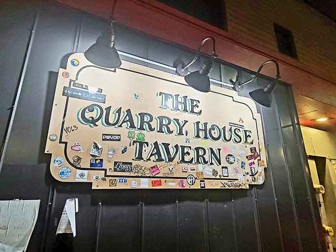 Even the sign outside has collected stickers like merit badges, each one telling a story of good times past.