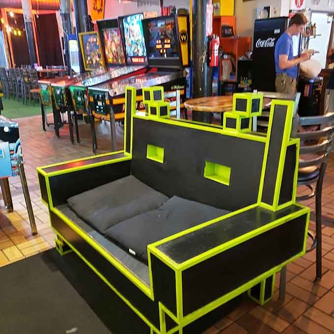 Seating designed to look like it jumped out of Space Invaders, because regular furniture is for regular bars.