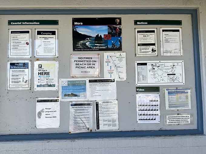 Information boards provide essential details about tides and safety, because even paradise requires a little planning ahead.
