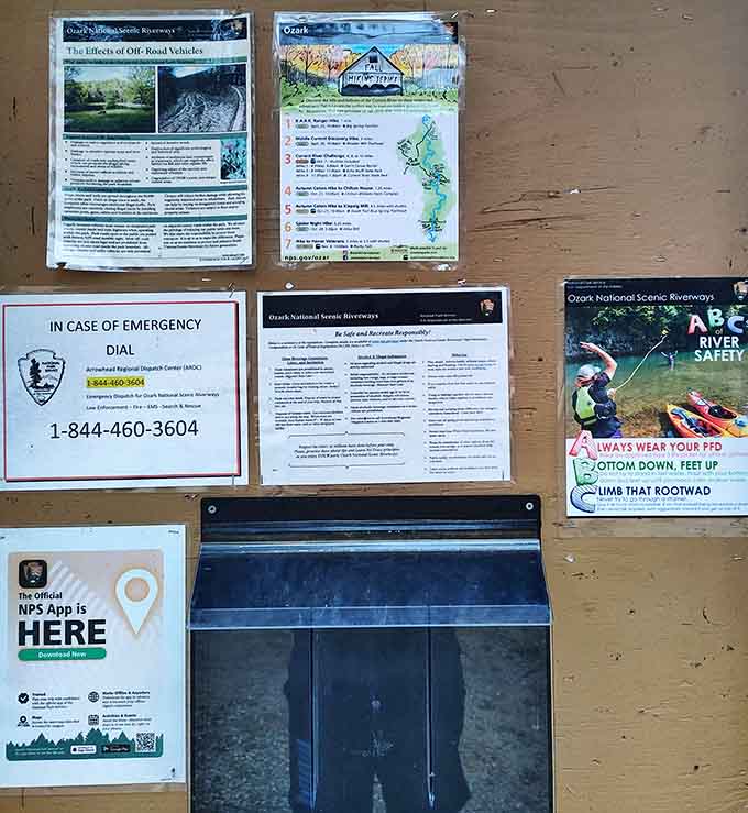 Information boards provide essential safety tips and trail maps for visitors exploring this Mark Twain National Forest gem.