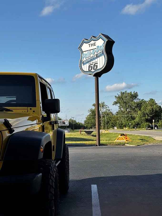 The iconic Route 66 shield standing proud, reminding travelers that some roads and some restaurants are worth seeking out deliberately.