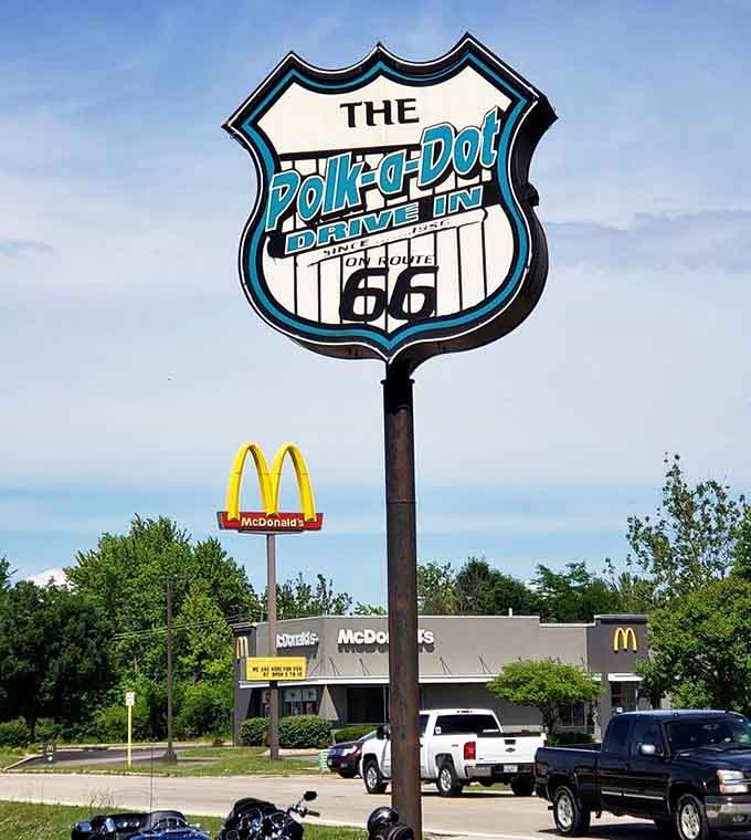 The iconic Polk-a-Dot sign standing proud on Route 66, a beacon for anyone craving authentic roadside Americana dining.