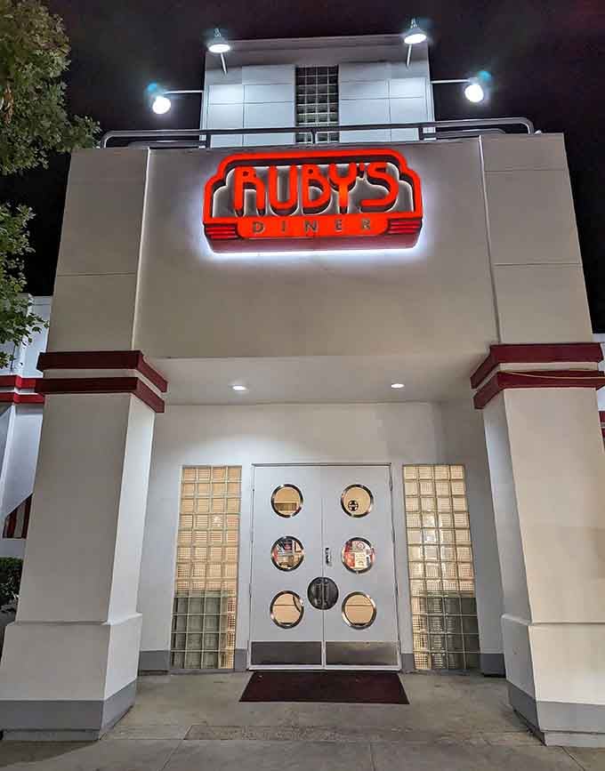 Ruby's Diner lit up at night becomes a beacon calling you home to comfort food and nostalgia.