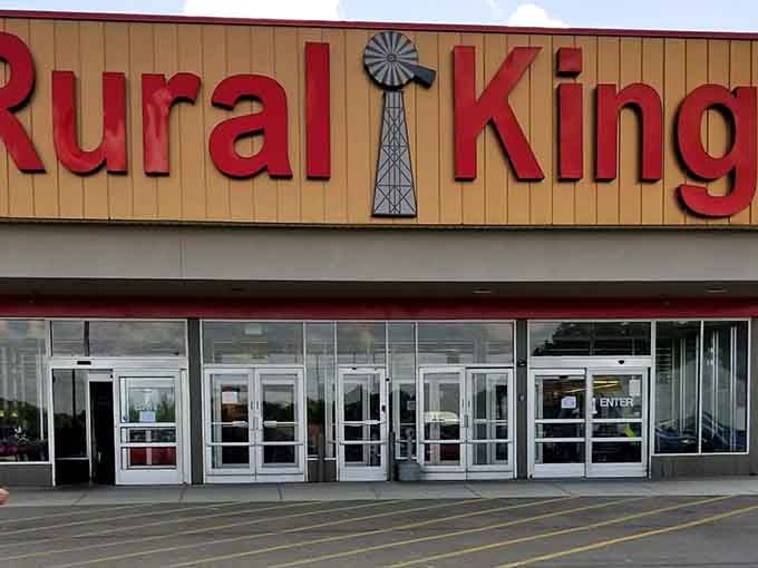 Rural King's entrance welcomes farmers, hobbyists, and the merely curious alike. Where else can you buy chicken feed, work boots, and candy all in one stop?
