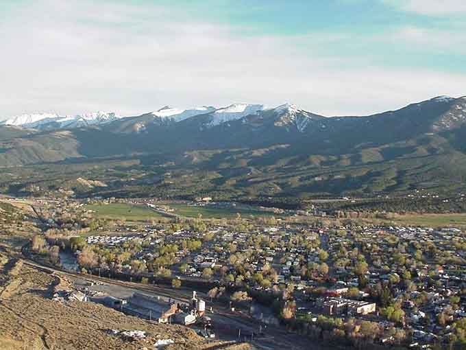 Aerial views reveal Salida nestled in the valley, surrounded by peaks that make every direction scenic.