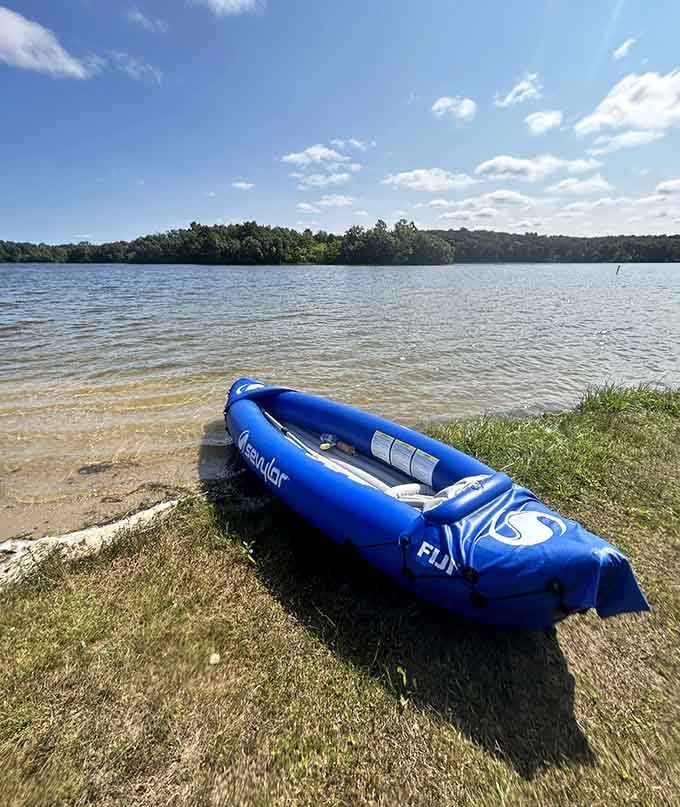 That inflatable kayak represents someone's excellent decision to embrace spontaneous water adventures today.