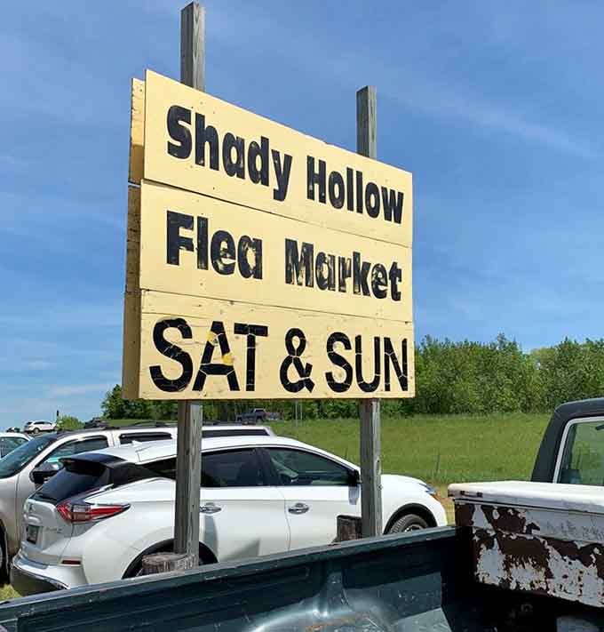 That classic roadside sign announces weekend hours when bargain hunters descend like it's Black Friday without the chaos.