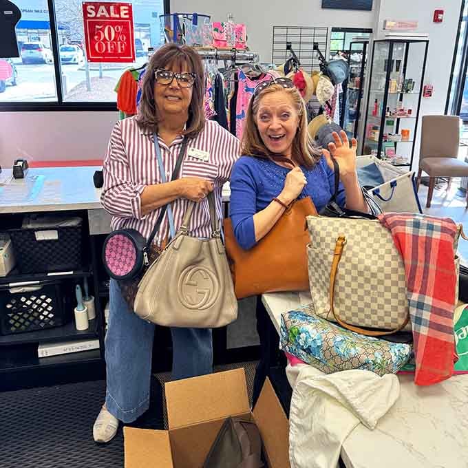 The universal language of a great find: pure, unadulterated shopping joy. Designer bags in hand, these savvy shoppers have stories to tell.