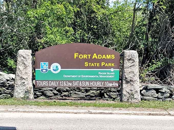 The entrance sign welcomes visitors with tour information. Pro tip: This is where your journey through America's military architectural masterpiece begins.