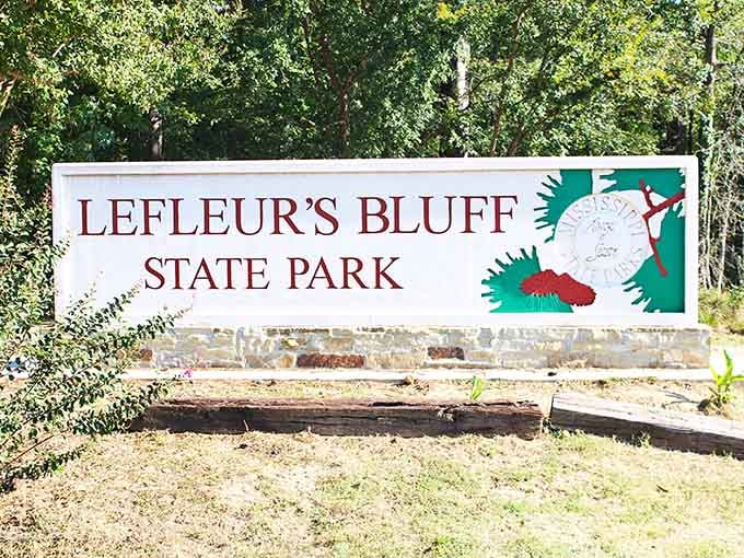 The welcoming sign announces you've arrived at Mississippi's urban wilderness escape. LeFleur's Bluff State Park promises natural treasures just waiting to be discovered.