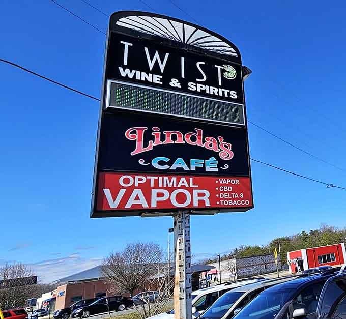 The roadside sign stands as a beacon for hungry travelers &ndash; a promise of home-cooked comfort just waiting around the corner.