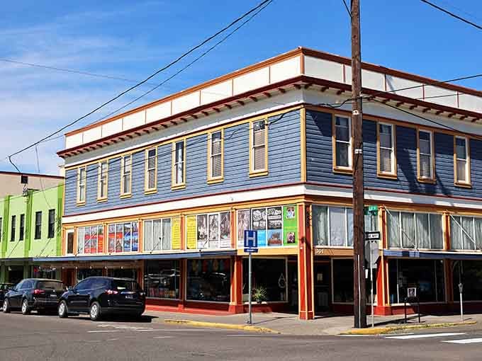 Downtown buildings wear their history with pride, painted in colors that somehow work together like a perfectly mismatched family.
