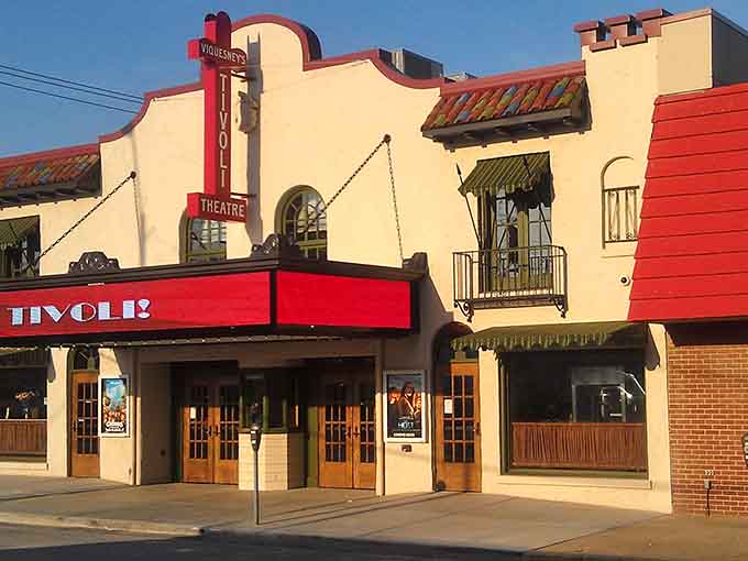 The Tivoli Theatre's Spanish Colonial Revival architecture brings a touch of Hollywood glamour to downtown Spencer's streetscape.