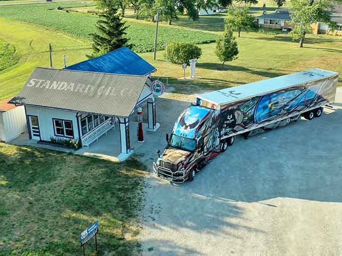 From above, the station complex looks like a perfectly preserved postcard from an era when road trips meant something magical.