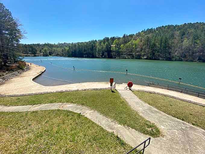 Tallulah Falls Lake offers peaceful waters that contrast beautifully with the dramatic gorge just downstream.