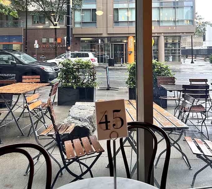 Rain or shine, these patio seats offer front-row viewing for Cambridge street life paired with exceptional coffee.