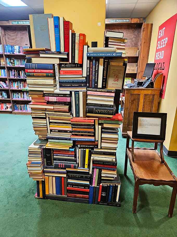 Stacked books create impromptu sculptures, artistic reminders that sometimes the best displays are the ones that happen quite organically.