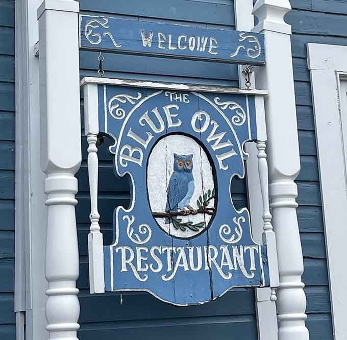 That blue owl sign welcomes you to pie paradise, and trust me, you'll want to heed its call.