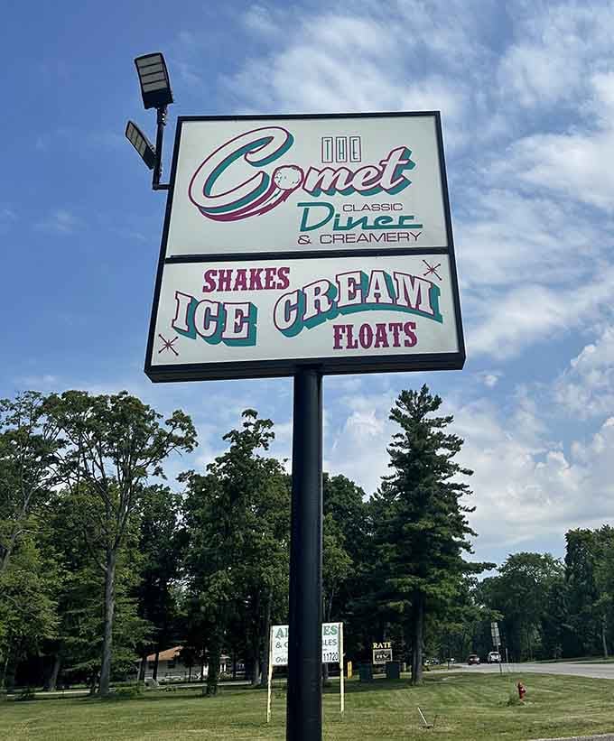 The Comet Classic Diner & Creamery's sign promises shakes, ice cream, and floats that deliver pure frozen joy.