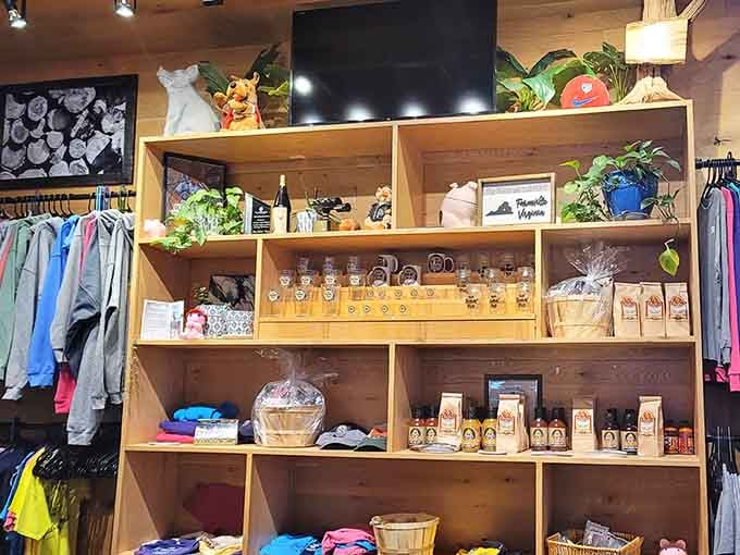 Shelves stocked with sauces and merchandise let you take a piece of this delicious experience home for later enjoyment.