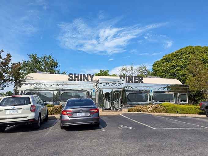 The Shiny Diner on a perfect day, chrome gleaming, ready to transport you back in time.