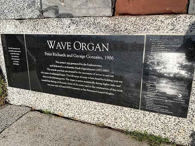 The plaque tells the story, but experiencing the Wave Organ's tidal symphony yourself is infinitely more rewarding.