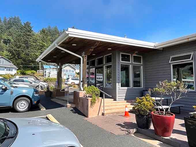 The entrance welcomes you with potted plants and the promise of seafood so fresh it practically swam to your plate.
