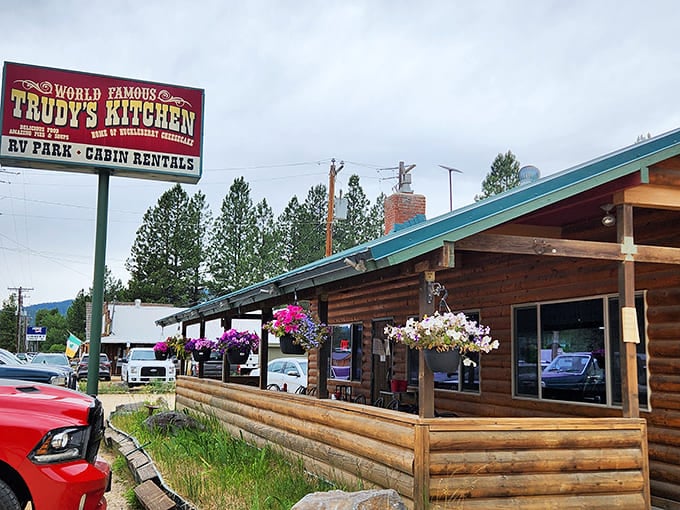 Trudy's Kitchen's hanging flower baskets add splashes of color to its log cabin charm, promising homestyle cooking worth the mountain drive.