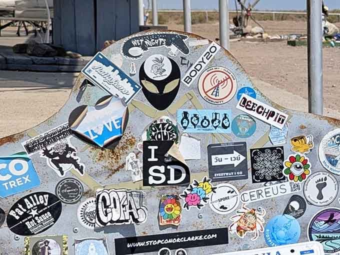 Sticker-covered surfaces prove visitors from everywhere have marked their territory at this unique Colorado destination.