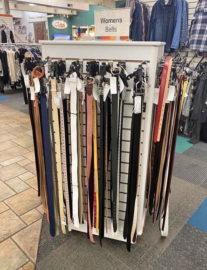 A belt display that would make any department store jealous, organized by style and ready for new waistlines.
